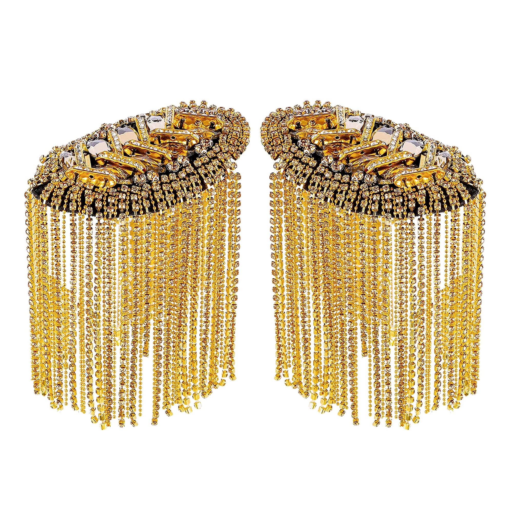 IUASZZ 2 Pieces Tassel Epaulets Metal Fashion Shoulder Jewelry Rhinestones Cloth Accessories Brooches for Women, 2.2×4in (Gold)