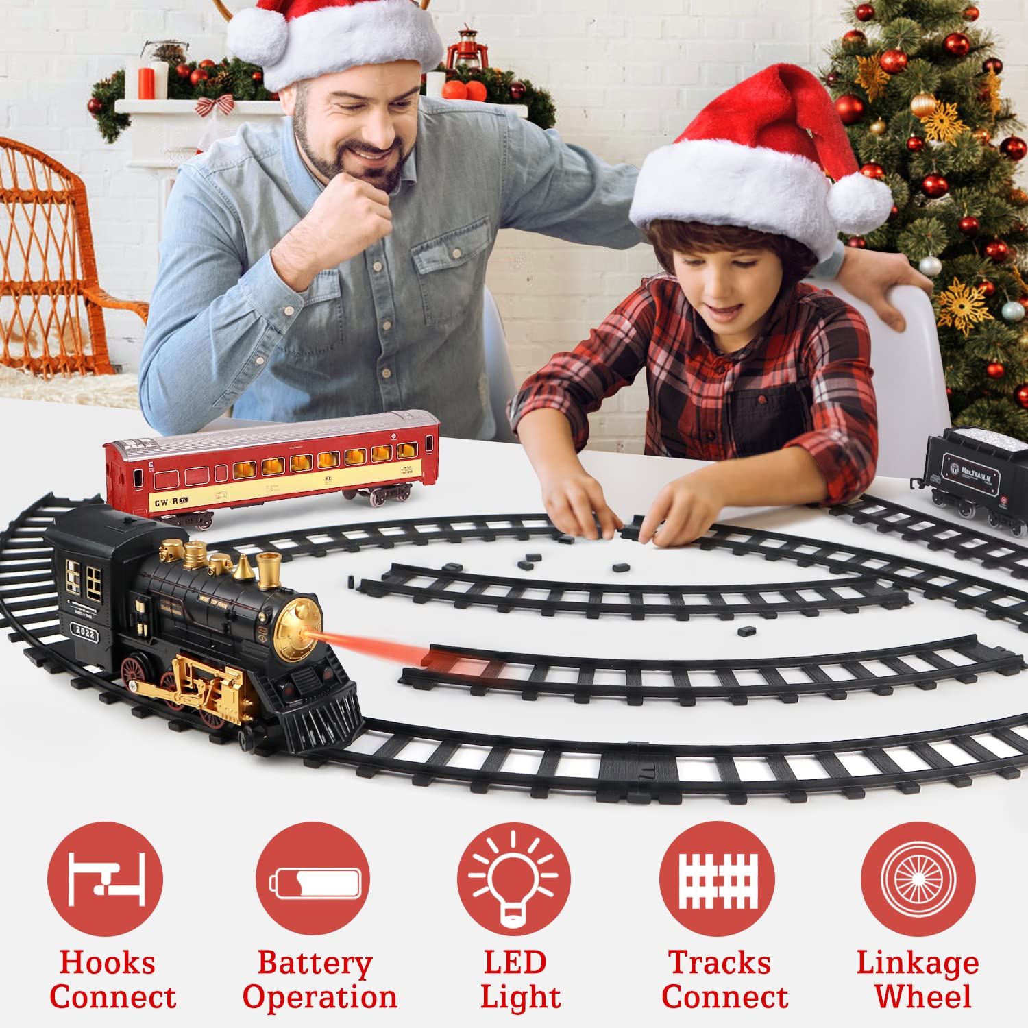 Train Set for Boys Girls - Electric Toy Train Including Passenger Coach with Lights, Steam Locomotive with Realistic Sounds & Headlight, Coal Car - Christmas Train Sets Under The Tree, Gift for Kids