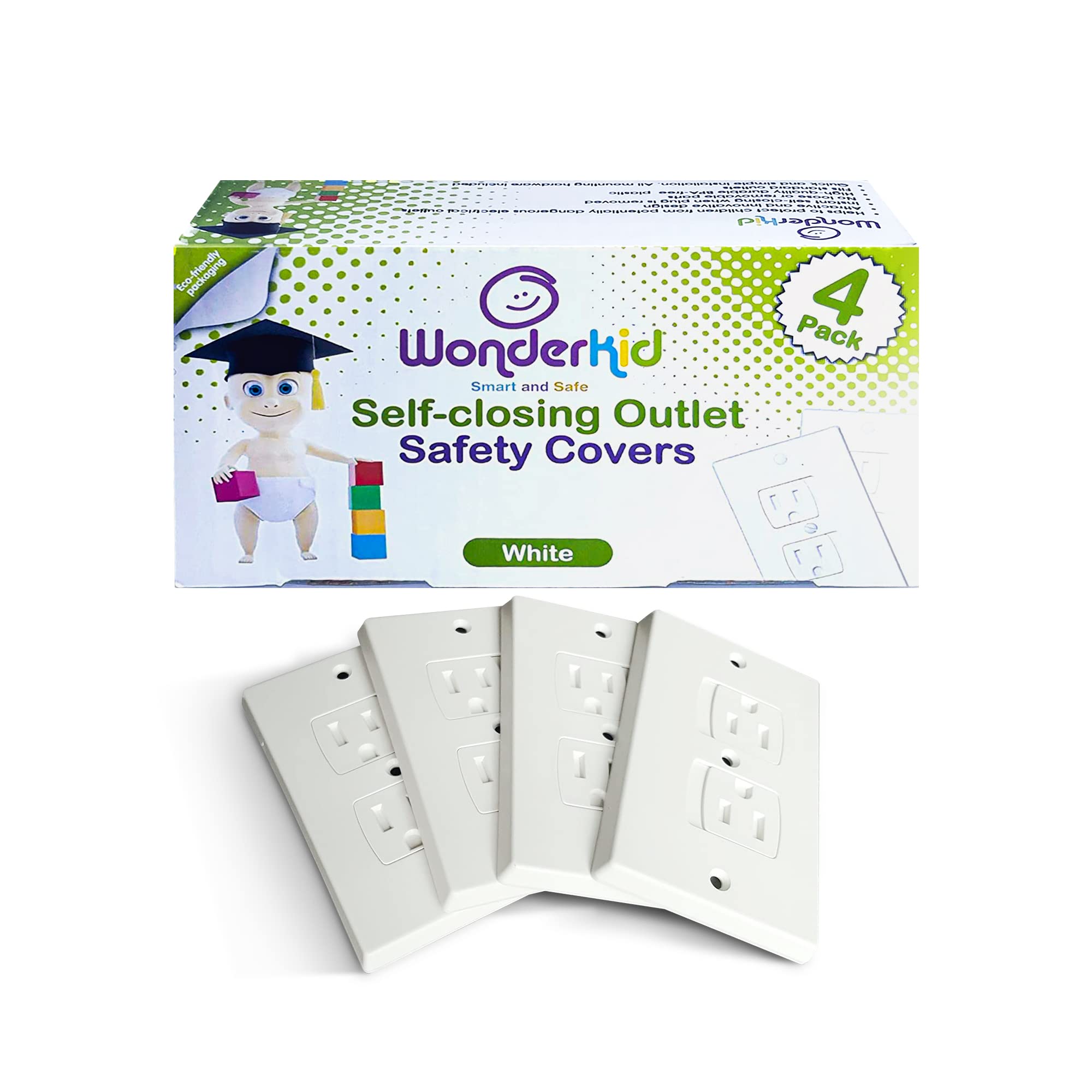 Self-Closing Electrical Wall Outlet Covers for Baby Proofing, Premium Plastic, Standard-Size Child Proof Outlet Cover, 4.6 x 3 Inches, Pack of 4, White - Wonderkid