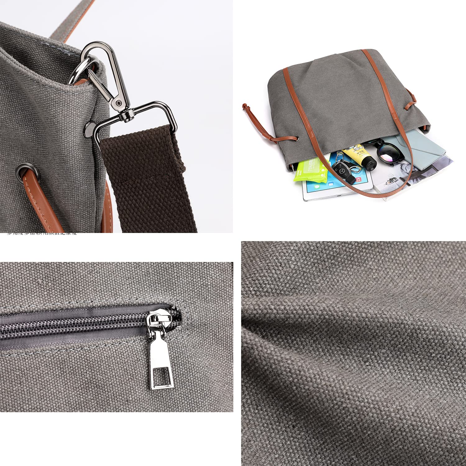 Canvas Shoulder Handbag Tote Bags for Women Top Handle Satchel Handbags Messenger Bag Purse with Adjustable Shoulder Strap (Grey)