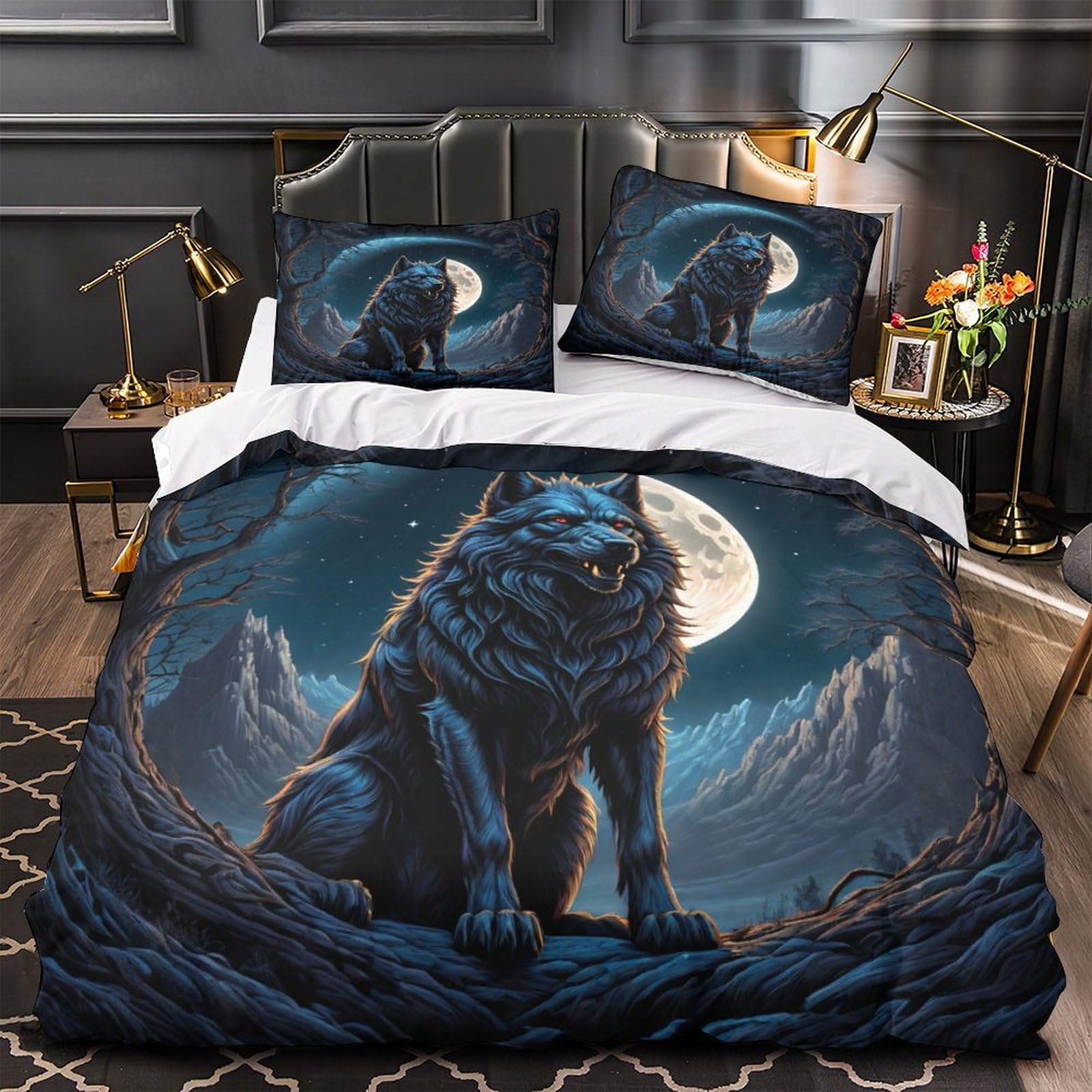EVMILA Gothic Wolf for Teens and Adults Duvet Cover Quilt Cover 3D Print Scary Night Comforter Covers Soft Microfiber with Zipper Closure Bedding Set with Pillow Cases 3 Pieces Twin(173x218cm)