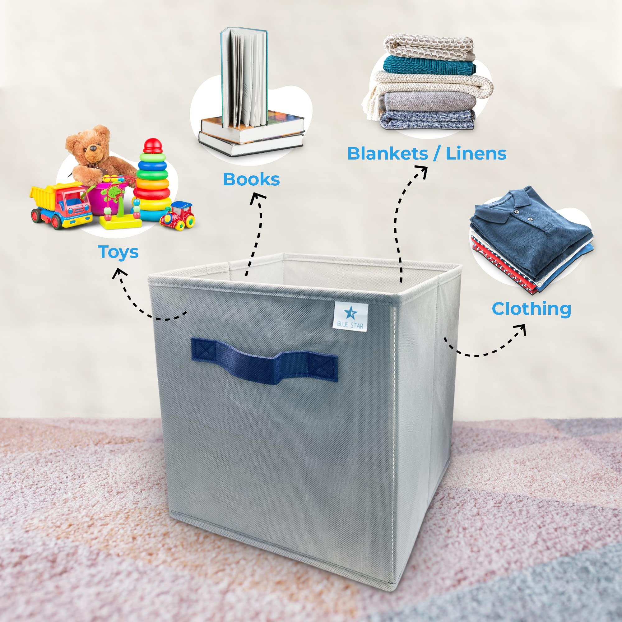 Blue Star Collapsible cube storage organizer, Fabric storage Bins, Set of 6, cubby storage bins for shelves, Foldable, for Clothes, Gray with Blue Handle, cube storage bin