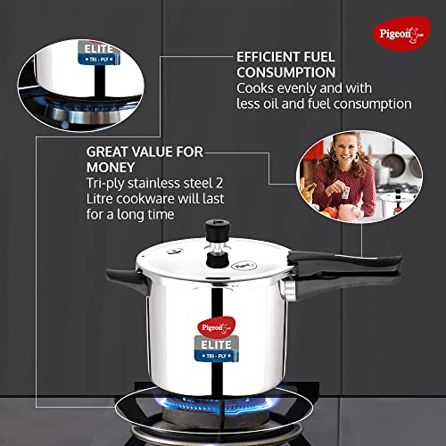 Pigeon Elite Tri-Ply Stainless Steel Body Outer Lid Pressure Cooker Induction and Gas Stove Compatible 3 L - Silver