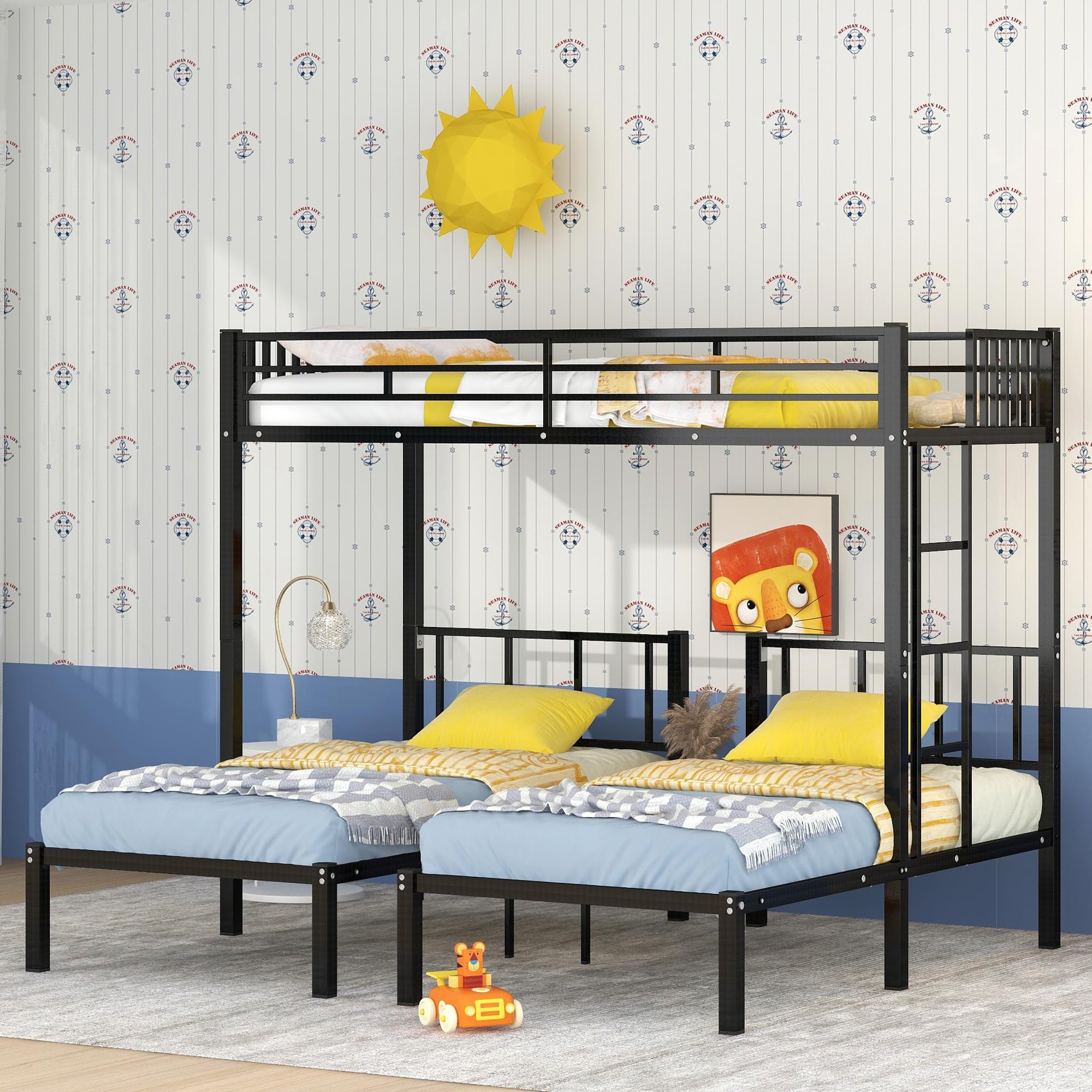 Bellemave Metal Twin Triple Bunk Bed for 3 Kids,Twin Over Twin Over Twin Bunk Beds with Built-in Shelf,Separates Into 3 Twin Beds,Noise Reduced Structure,White