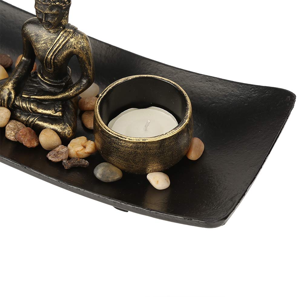 Buddha Statue Zen Garden Buddha Statue Tabletop Buddhism Feng Shui Ornament with Bronze Tealight Candle & Incense Burner Holder for Home Office Yoga Room Decoration