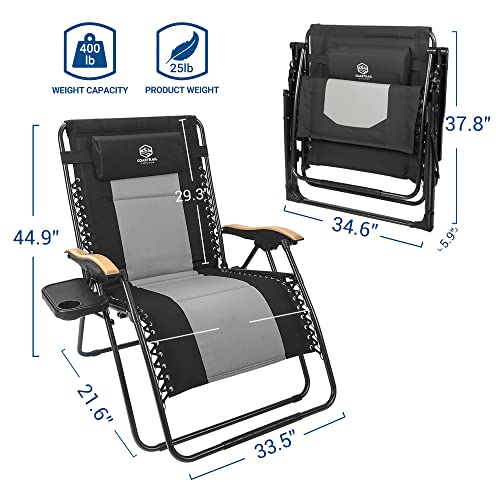 Coastrail Outdoor Zero Gravity Chair Wood Armrest XXL Camping Lounge Chair Patio Recliner Support 400lbs Padded Reclining Chair Folding Lawn Chair with Side Table