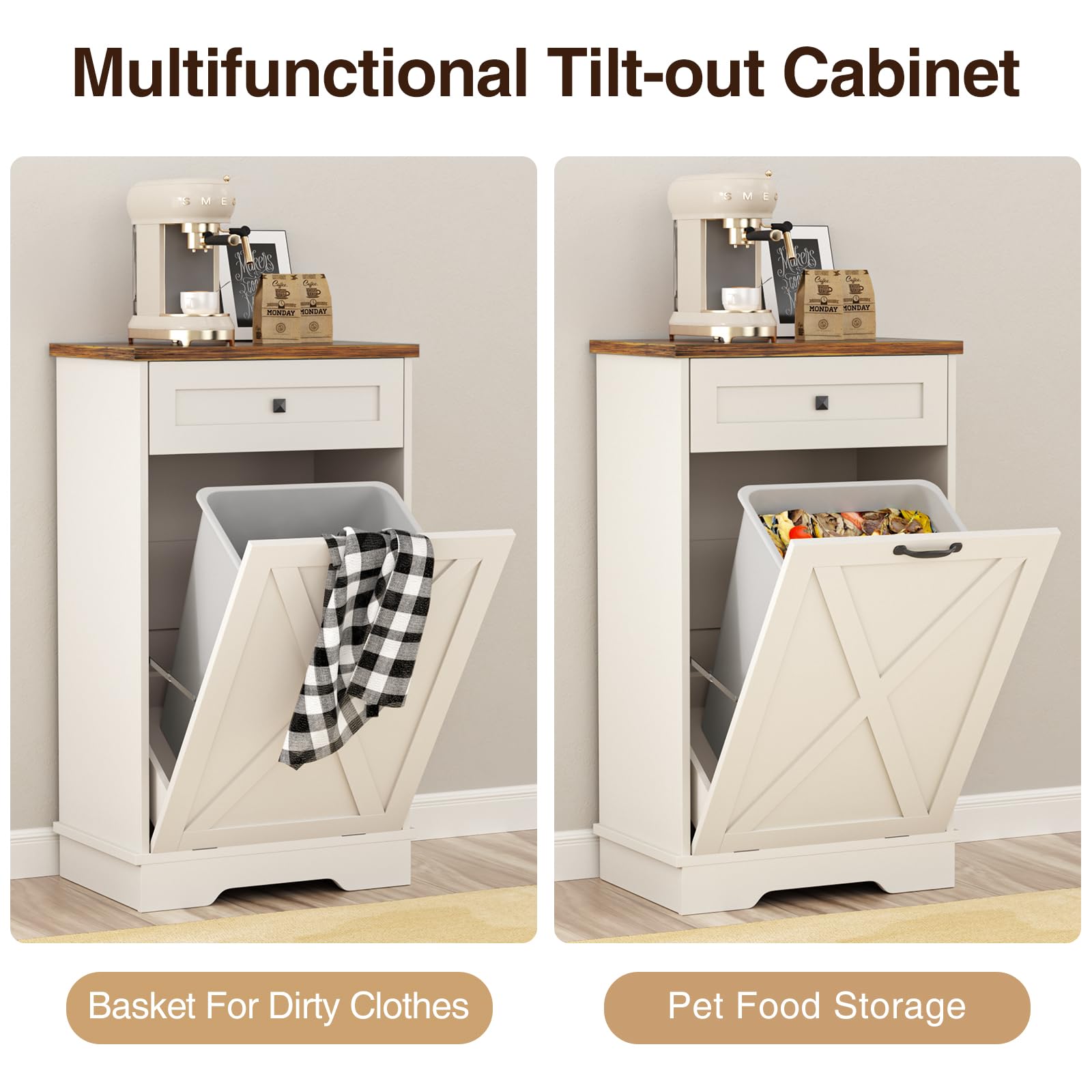 Double Tilt Out Trash Can Cabinet, 13 Gallon Hidden Trash Can Cabinet with Deodorizing Function, Farmhouse Wooden Garbage Trash Bin Cabinet for Kitchen Living Room, White
