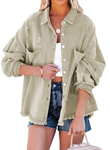Necooer Women's Washed Denim Jacket Casual Long Boyfriend Distressed Vintage army green Jean Jacket Autumn Spring (Medium,C-ArmyGreen)