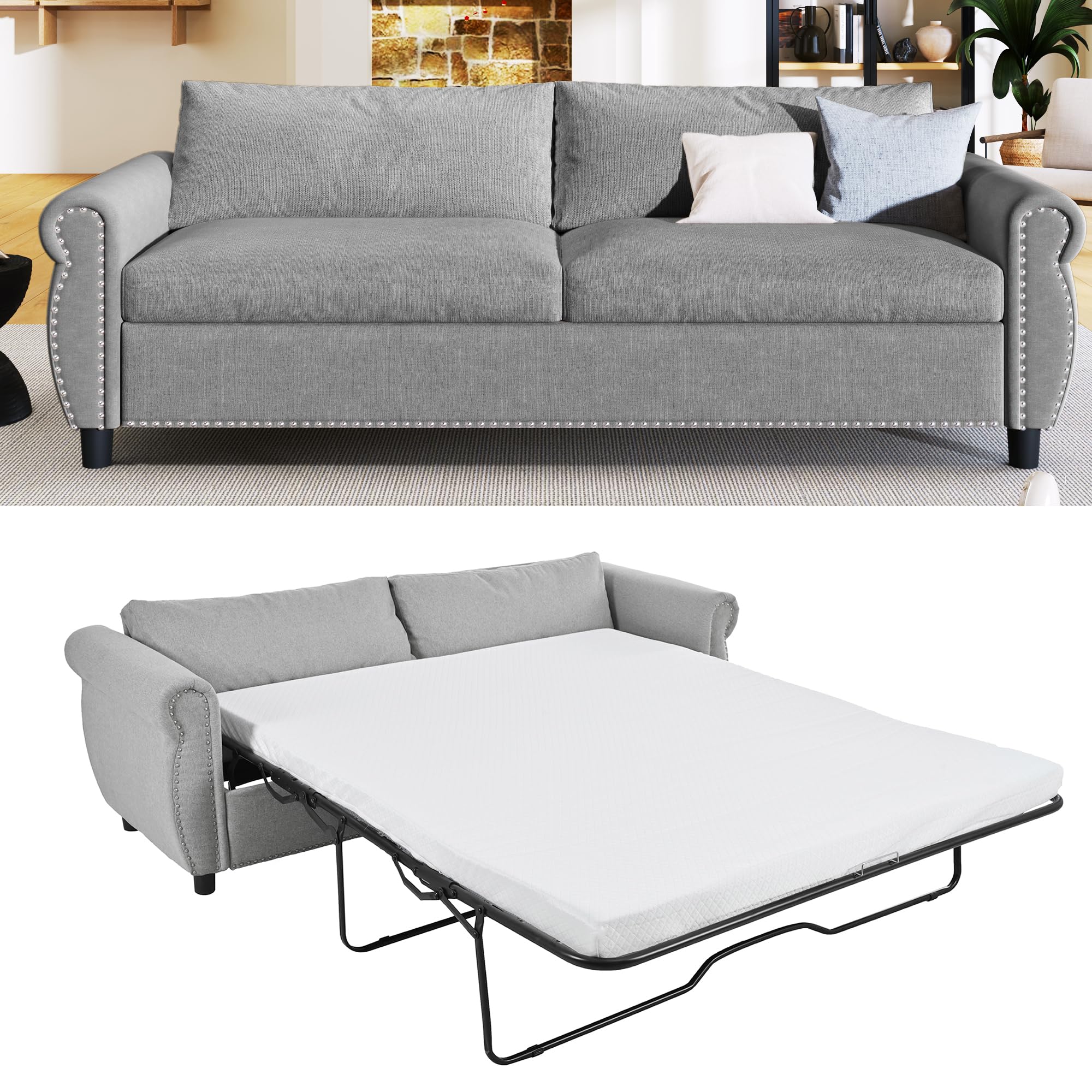 DAMAIFROM Sleeper Sofa Bed, 2 in 1 Pull Out Sofa Couch Bed Loveseat Sleeper with Mattress, 81" Large Convertible Futon Sofa Bed Pullout Couch Bed Sleeper for Living Room Apartment, Grey