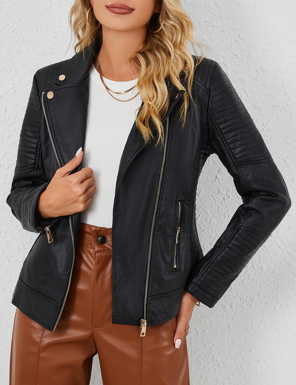 Bellivera Women Faux Leather Jacket Motorcycle Quilted Coat 53 Black S