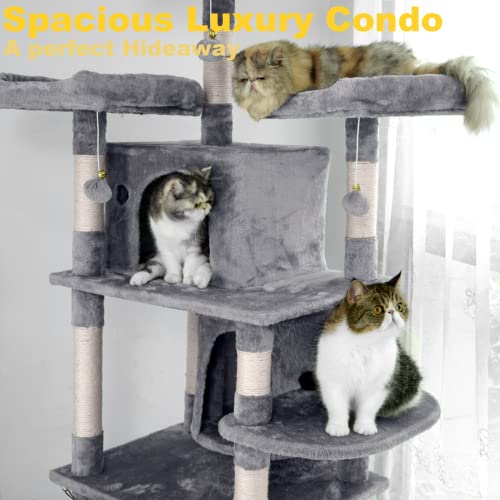 NEGTTE Cat Tree Tower for Indoor Cats,67 inches Extra Large Multi-Level Cat Condo with Sisal Scratching Posts for Large Cats Kitty Play House,Light Gray