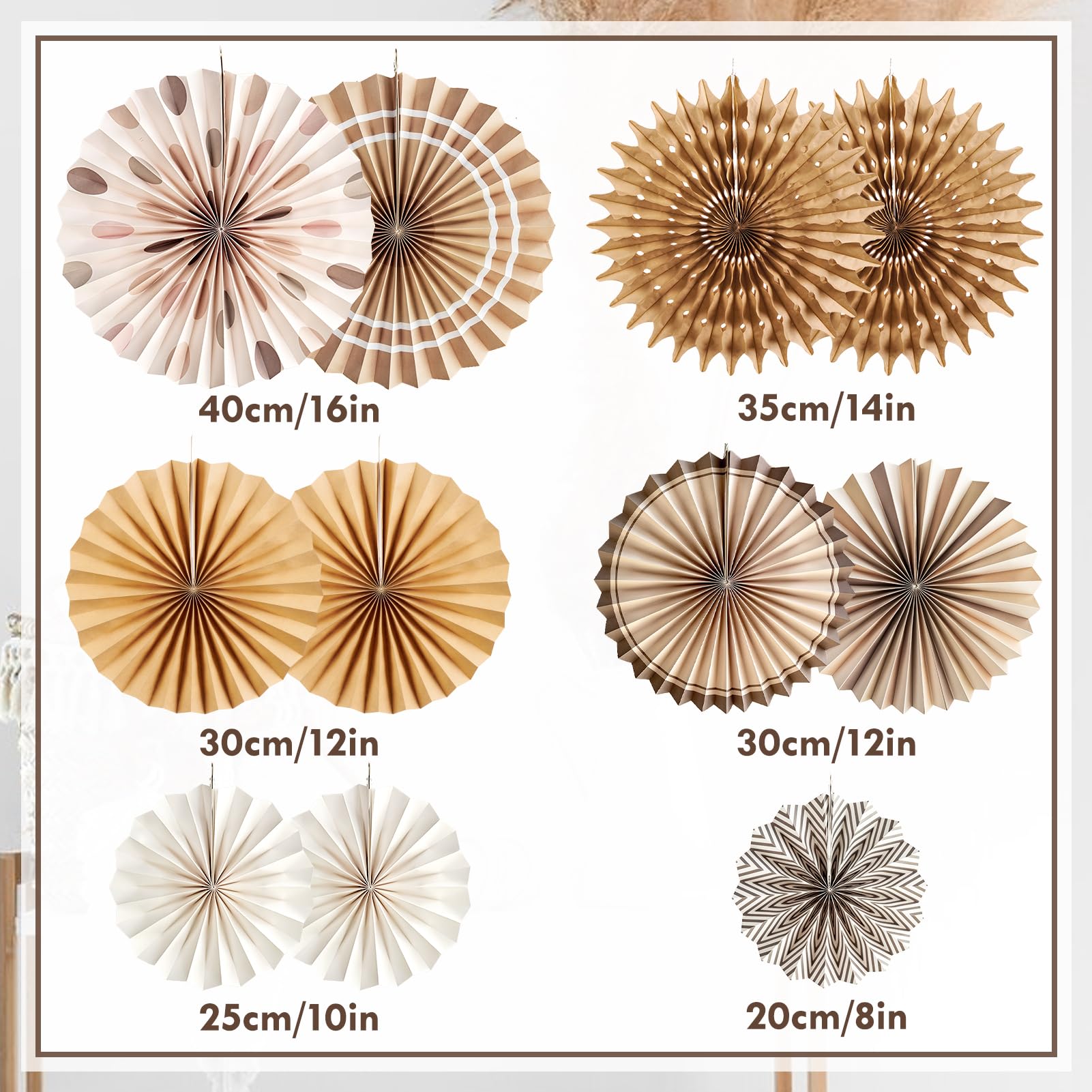 Easy Joy Boho Hanging Paper Fans White Brown Champagne Party Decorations Neutral Rustic Paper Fans Classroom Decoration for Baby Shower Birthday Wedding Bridal Party