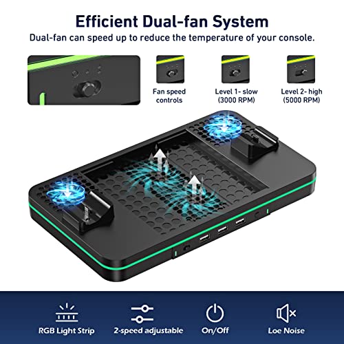 Cooling Fan for Xbox Series X/S with RGB Light Strip, Dual Controller Charging System for Xbox with 2 X 1100mAh Battery, HUIJUTCHEN 3 Usb Ports Vertical Cooling Stand for Xbox Series X/S Accessories