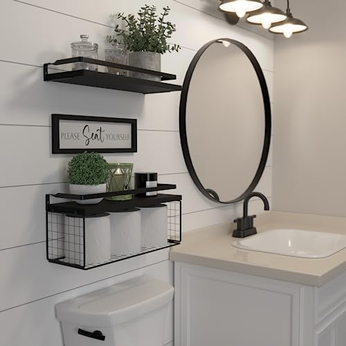 DOLLFIO Floating Shelves with Wall Décor Sign, Bathroom Shelves Over Toilet with Wire Storage Basket, Wood Wall Shelves with Protective Metal Guardrail– Black