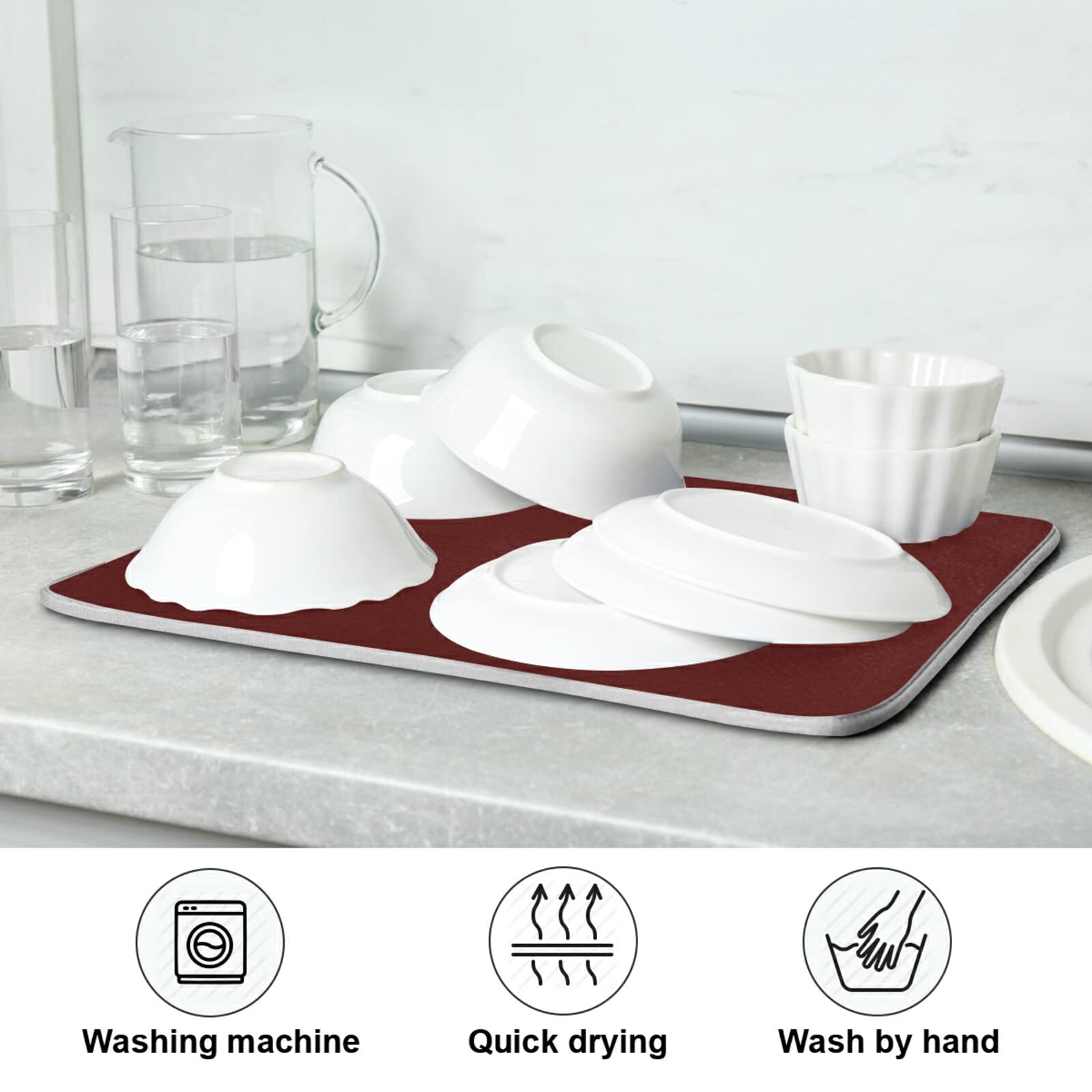 Burgundy Large Dish Drying Mat Xl for Dishes Kitchen Accessories Counter Microfiber Dish Drainer Pad Heat Resistant Mat Decor 18x24 Inch