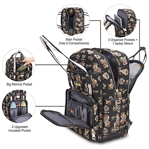 pipi bear Diaper Bag Backpack, Jacquard Diaper Backpack with Changing Pad and USB Charging Port, Stylish Baby Bag for Mom Dad, Black