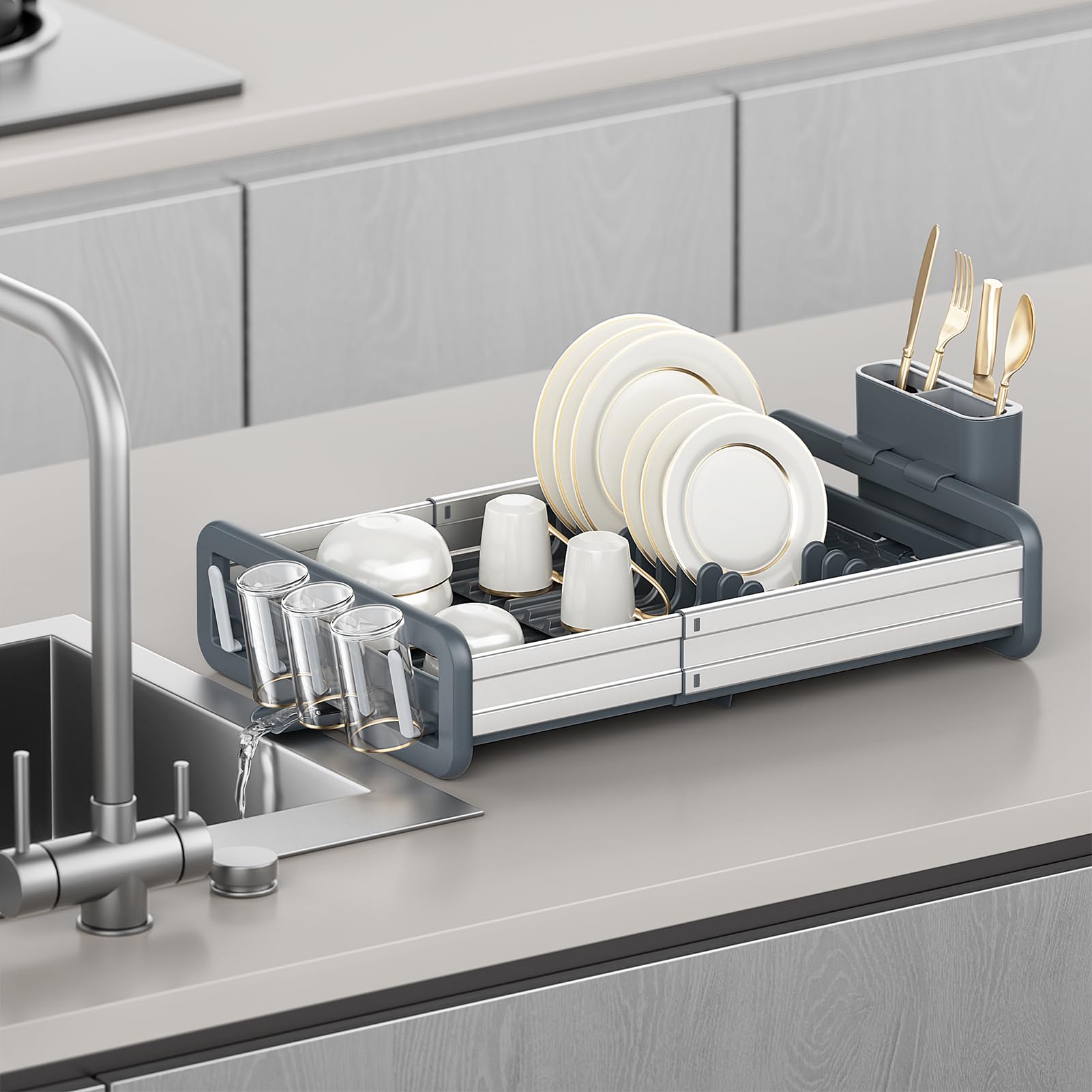 Dish Drying Rack, Expandable Dish Racks for Kitchen Counter, Large Sink Dish Strainer, Multifunctional Space-saving Drainage Dish Rack with Cutlery and Cups Drying Holder, (13.5" to 21") L *13.78" W