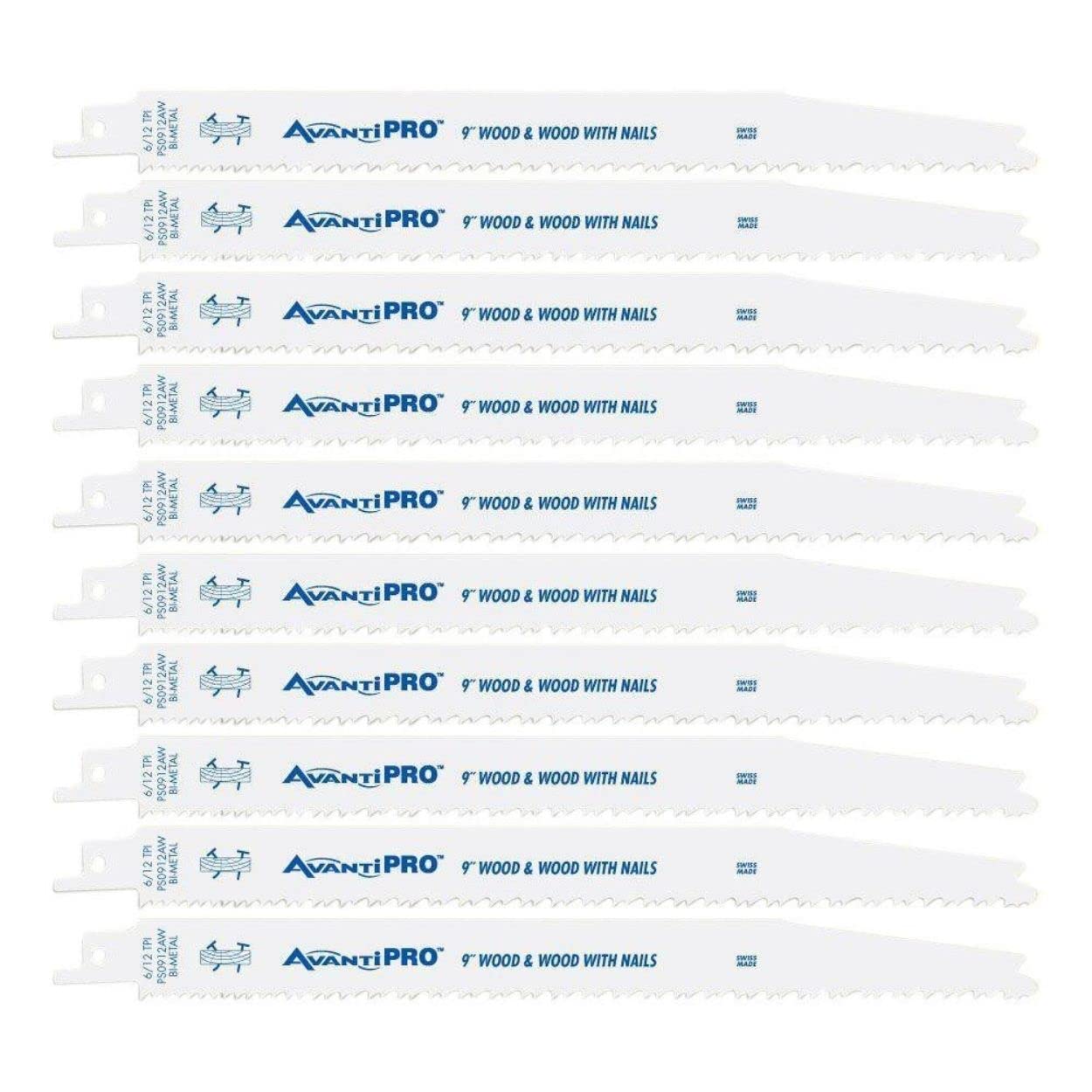 Avanti PS0912AW10 9-Inch 6/12 TPI Bi-Metal Reciprocating Saw Blades for Wood with Nails, 10-Pack