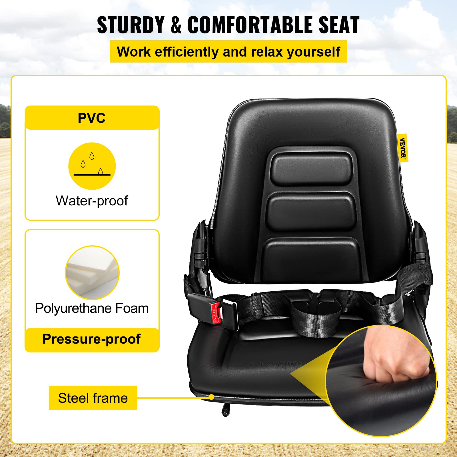 Bestauto Universal Forklift Seat with Armrest, Fordable Tractor Seat with 180° Adjustable Back Angle Fits Excavator Forklift, Tractor, Skid Loader, Backhoe Dozer Telehandler, Heavy Mechanical Seat , Black