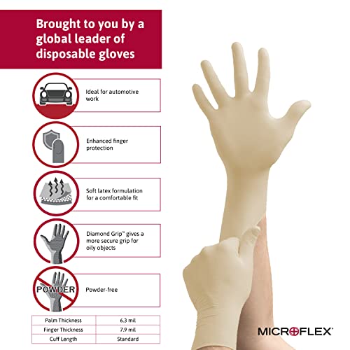 Microflex Diamond Grip MF-300 Disposable Latex Gloves for Automotive, Machinery Industries - Small, Natural Clear (Box of 100)