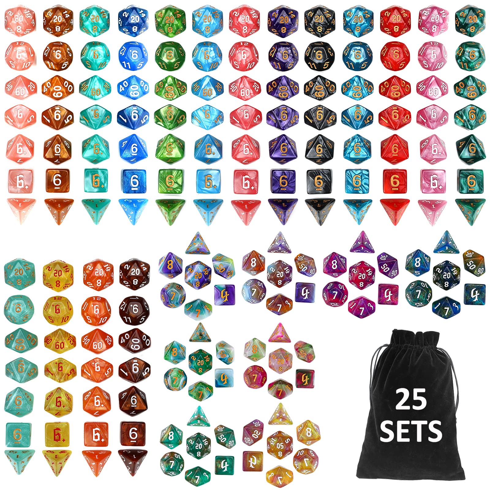 Surhugvy DND Dice Set, 25 X 7 (175 Pieces) Polyhedral D&D Dice Set Three-Color, Two-Color and Monochrome Dice for Dungeons and Dragons with 1 Black Bags