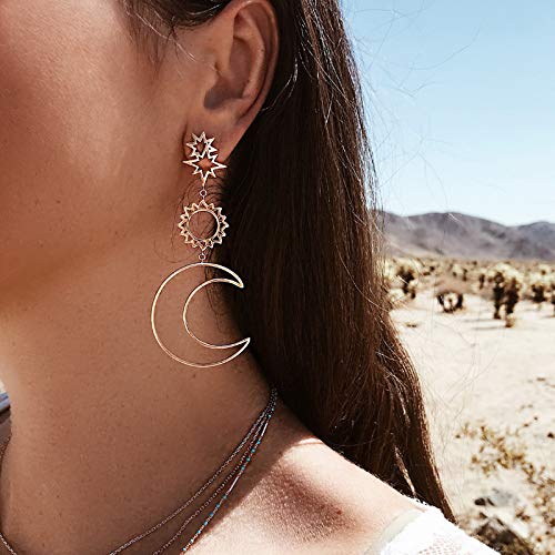 Bohemian Hollow Sun Moon Stars Asymmetric Big Drop Dangle Earrings for Women Jewelry-Gold