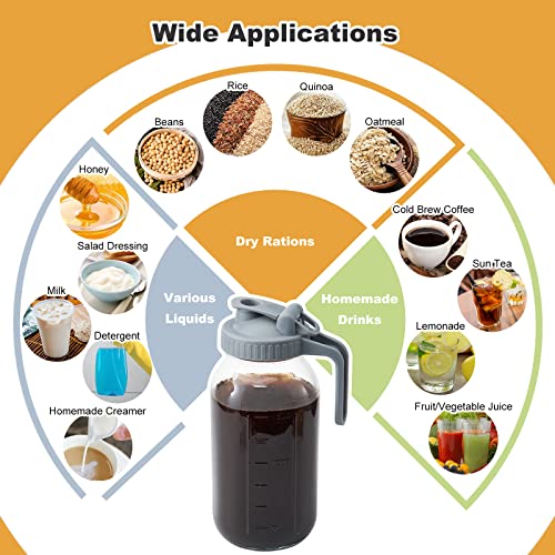 Mason Jar Pitcher with Pour Spout Handle Lid, 32 oz Thick Glass Jug for Cold Brew Coffee, Ice Beverage, Iced Juice, Lemonade, Sun Tea, Fruit Drinks Container