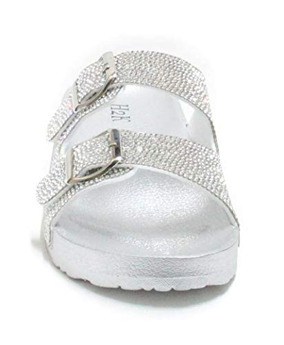 H2K Womens Glitter Double Buckle Adjustable Comfort Slip On Slides Sandals Espen (Silver, 10)