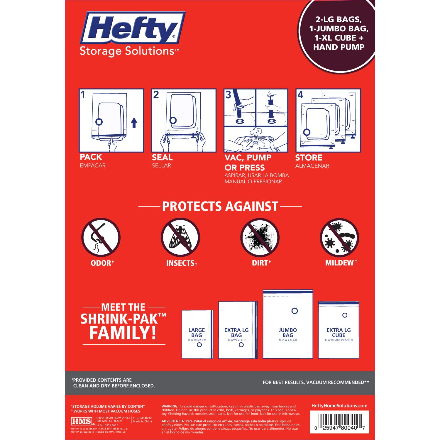 Hefty Shrink-Pak Starter Kit - 2 Large, 1 XL Cube, 1 Jumbo Vacuum Seal Storage Bag and Hand Pump β Space Saver Bags for Clothing, Pillows, Towels, or Blankets, 5 Pc Set