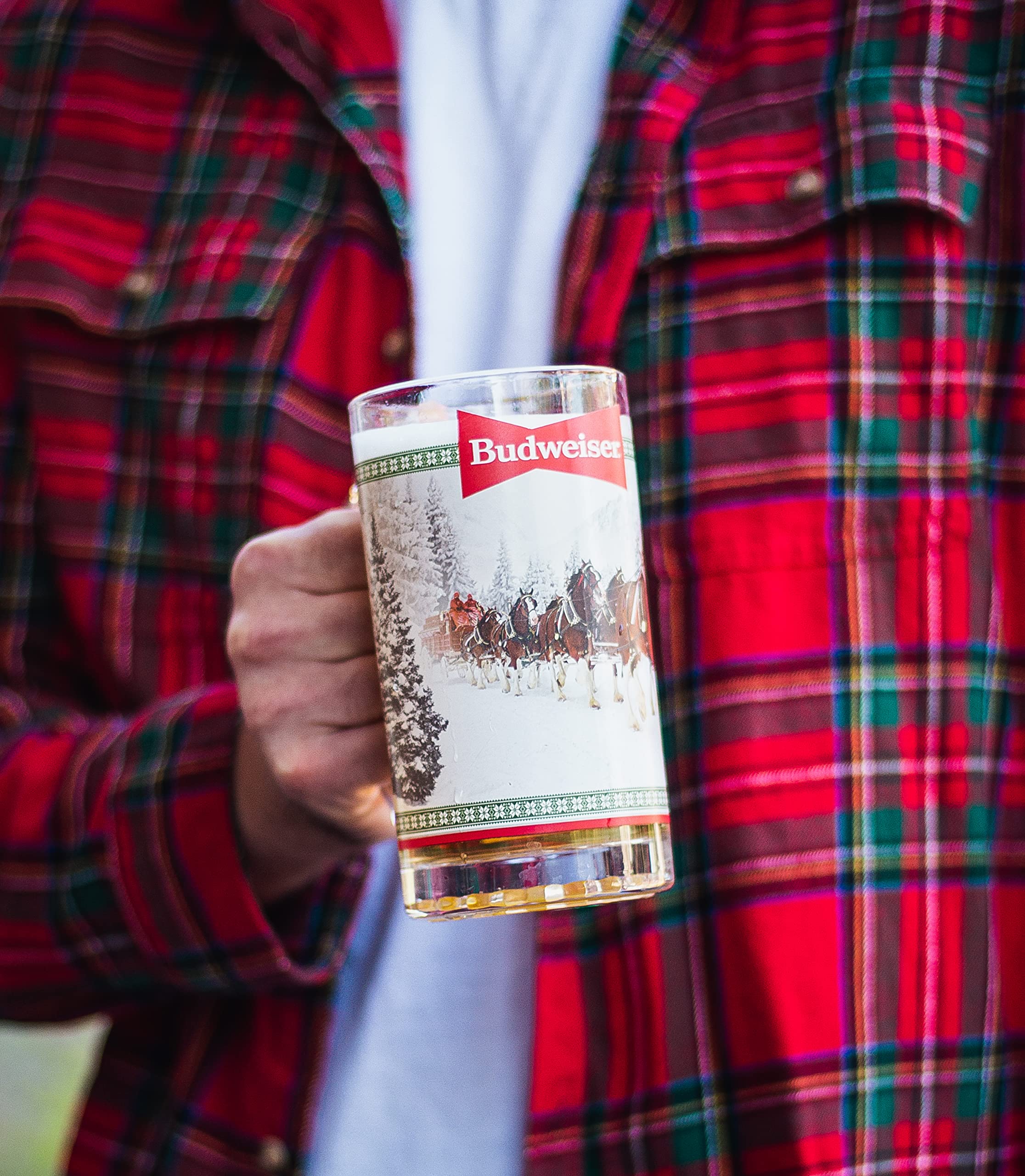 Budweiser 2021 Holiday Glass Stein, Glass Beer Mug with Clydesdale Horses, Holds 16 Ounces, for Men, Father, Husband