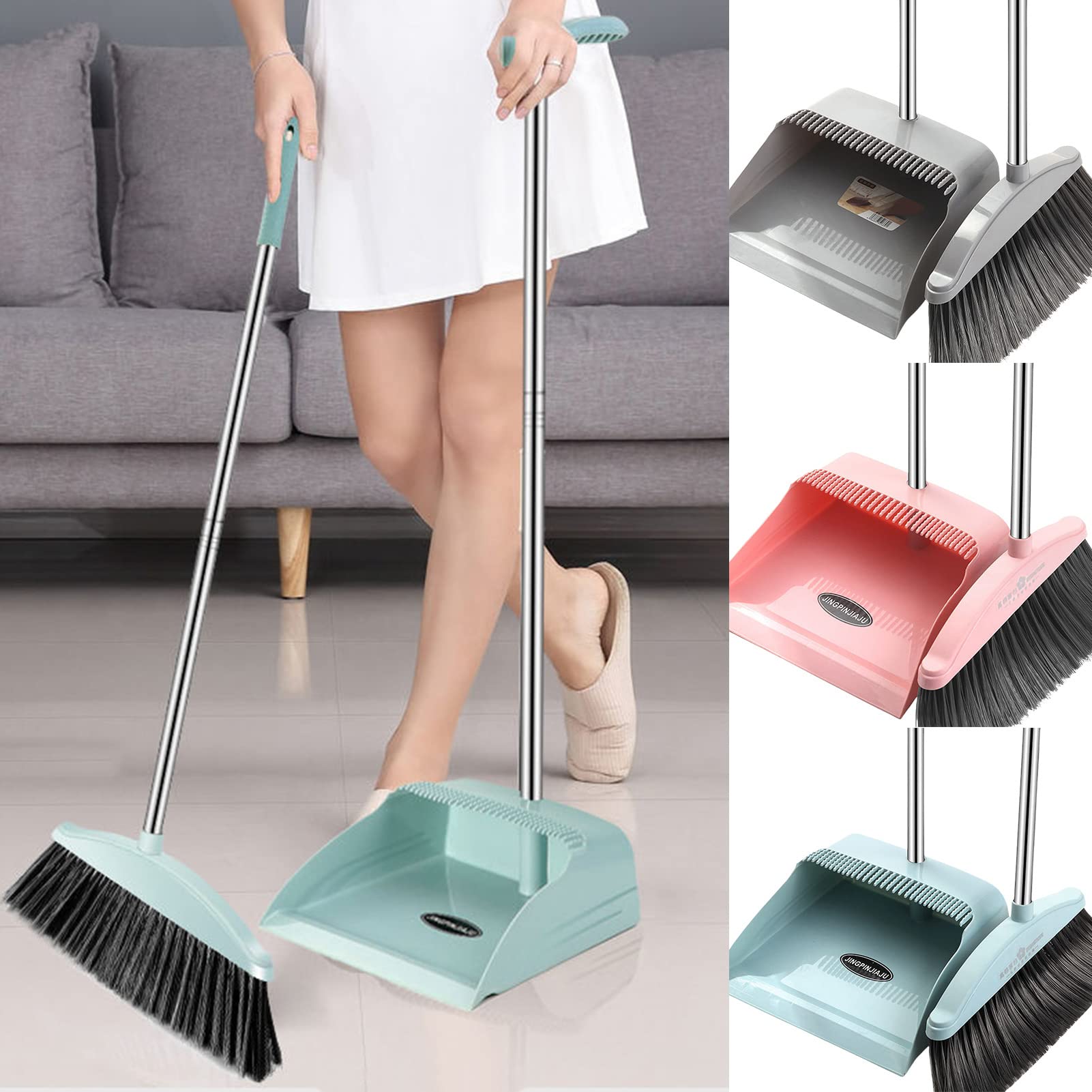 Broom Dustpan Comb Set, Broom and Dustpan Set, Long Handle Broom with Standing Dustpan Broom with Dustpan Upright Standing Dustpan Combo and broom set