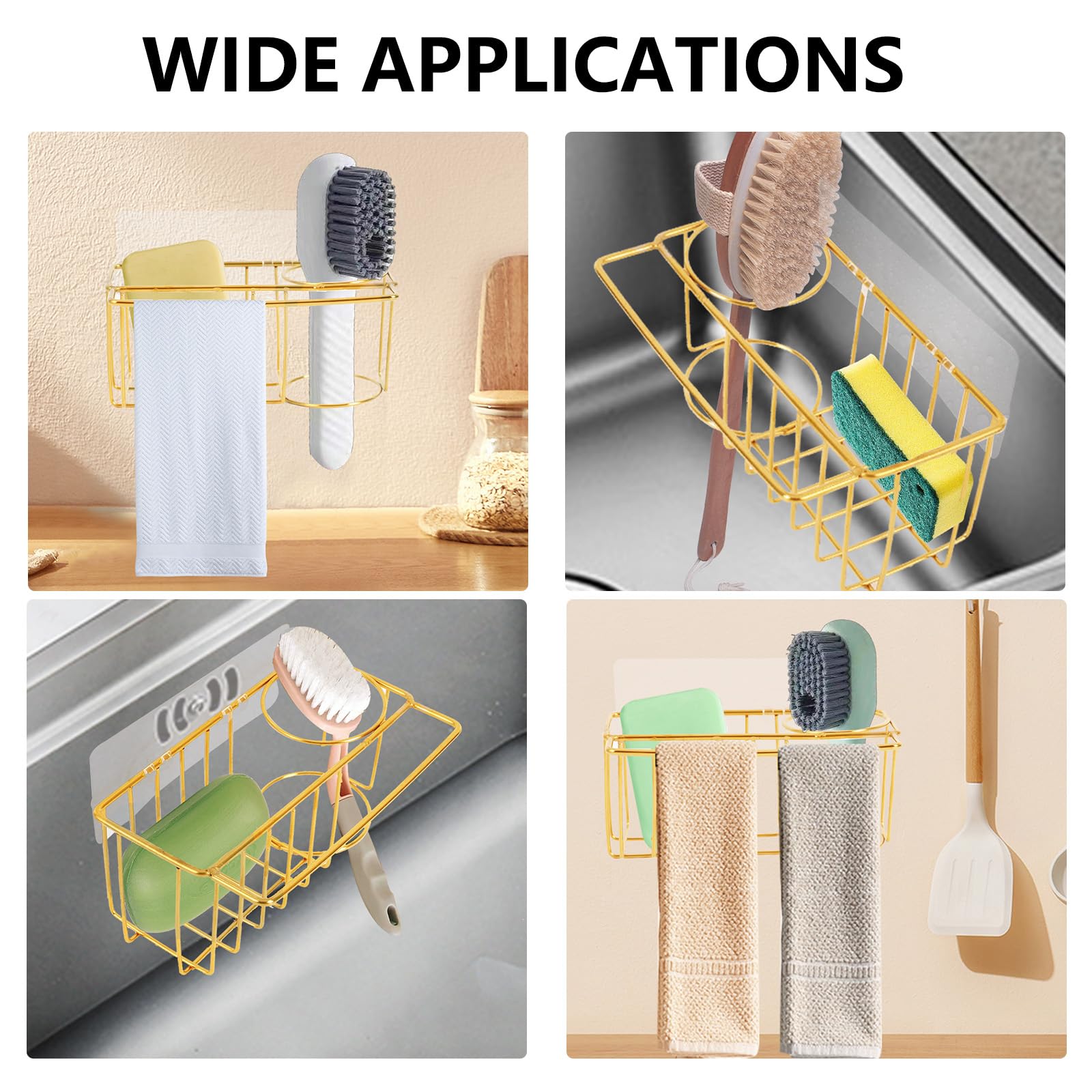 blueden 3-in-1 Adhesive Sink Caddy Kitchen Sink Organizer,Stainless Steel Sponge and Brush Holder for Kitchen Sink,Suitable for Sponges,Dish Cloth,Scrubbers, Soap, Kitchen, Bathroom.Gold