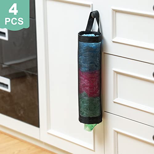Plastic Bag Holder Breathable Mesh Hanging Storage Dispensers Recycling Grocery Bag Storage Container Folding Hanging Shopping Bag Holder for Home and Kitchen(Black,4 Packs)