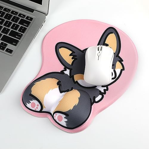 Ergonomic Mouse Pad with Gel Wrist Support 3D Funny Anime Wrist Rest for Home & Office - Corgi Pink