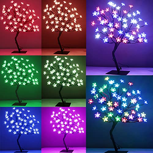 Pooqla 18 Inch 48 LED RGB Cherry Blossom Tree Light with Remote 16 Color-Changing LED Artificial Flower Bonsai Tree Table Top Lamp Home Lit Tree Centerpieces Christmas Mother's Day Gift Decoration