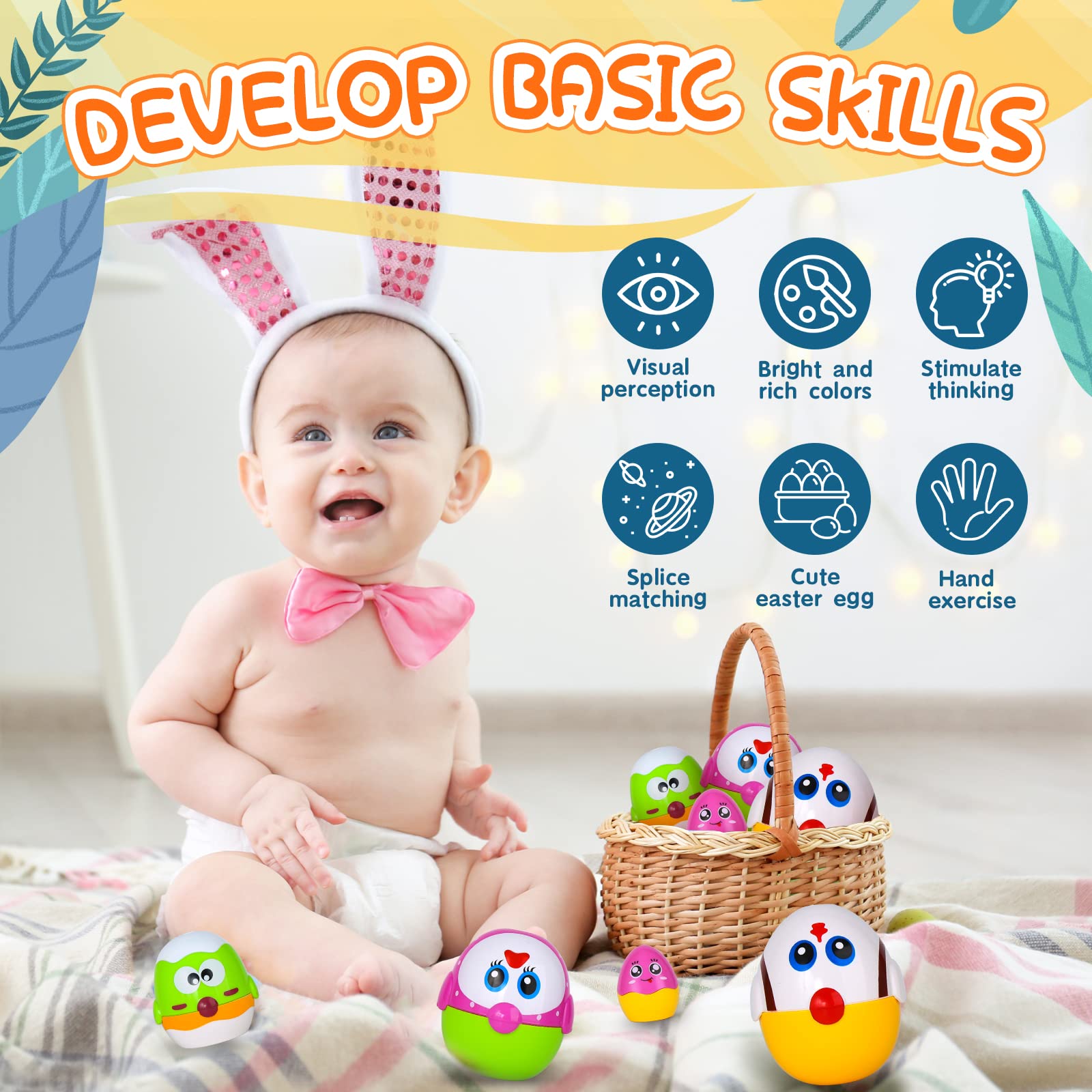 CAPTAIN CHAOWING Easter Egg Toys for Toddlers,Easter Nesting & Stacking Eggs,Easter Basket Stuffers for Baby 18 Months+, Easter Chicken Matching Toys,Easter Gift for Kids 1 2 3 Years Old