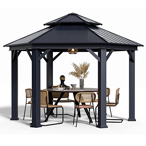 Erinnyees 15' x 15' Hardtop Gazebo, Hexagonal Gazebo with Galvanized Steel Double Roof, Aluminum Frame, Patio Gazebo for Deck, Backyard, Patio, Lawns