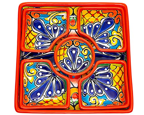 Enchanted Talavera Mexican Pottery Ceramic Large Appetizer Tray Serving Dishes Platter Dish Food Plate Condiments Organizer (Square 6 Piece Set, Red)