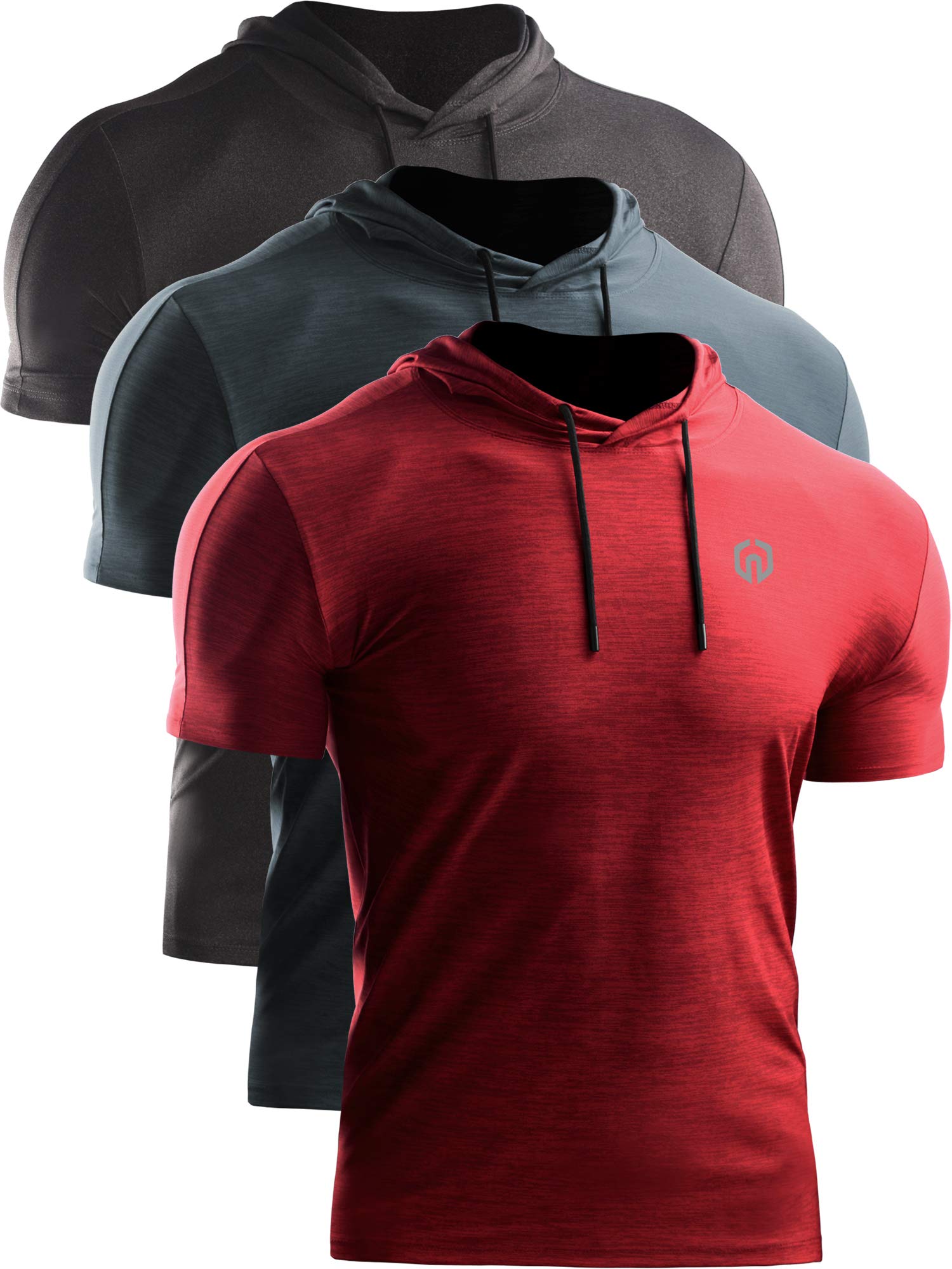 NELEUS Men's 3 Pack Dry Fit Running Shirt Workout Athletic Shirt with Hoods,Grey Black,Slate Gray,Red,US M,EU L