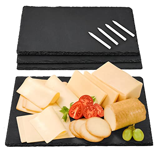 LAVEMCH 4 Pack Slate Cheese Boards, 12” x 8” Charcuterie Boards Sussi Plate Stone Tray with 4 Pieces Soapstone Chalks for Cheese, Meats, Appetizers, Dried Fruits, Gourmet, Black