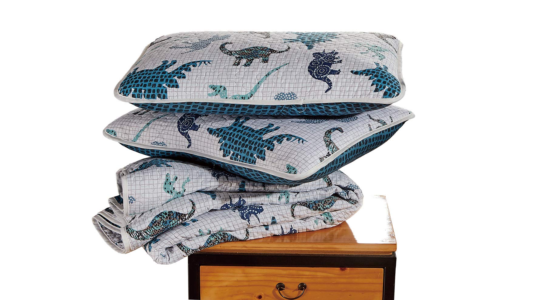 Better Home Style White Blue and Grey Dinosaur Dinosaurs World Kids/Boys/Toddler 3 Piece Coverlet Bedspread Quilt Set with Pillowcases # Dino Kingdom (Full/Queen)