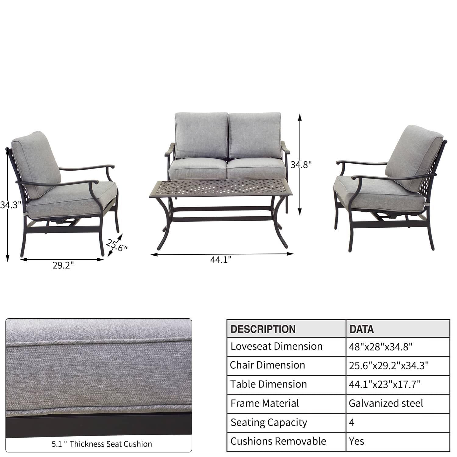 PatioFestival Patio Conversation Set 4-Piece Cushioned Outdoor Furniture Sets with All Weather Frame for Porch Backyard Lawn(Grey)