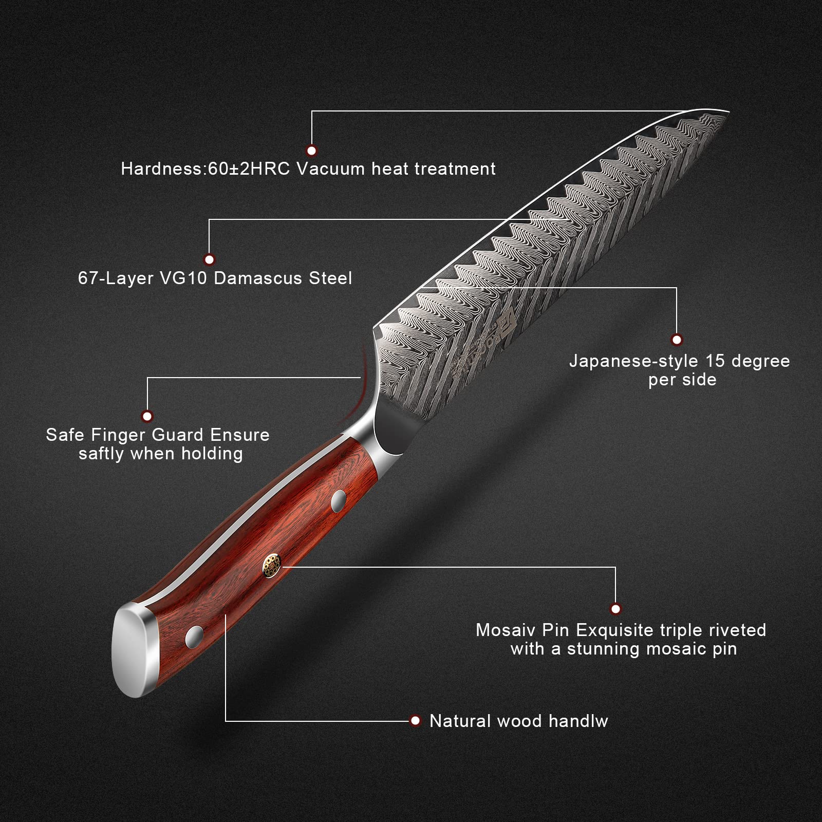 Chef Knife Damascus 8 Inch Japanese Professional Gyuto Vg10, High Carbon Steel Core With 67 Layer Stainless Steel Forged For Kitchen Cooking with Wood Handle