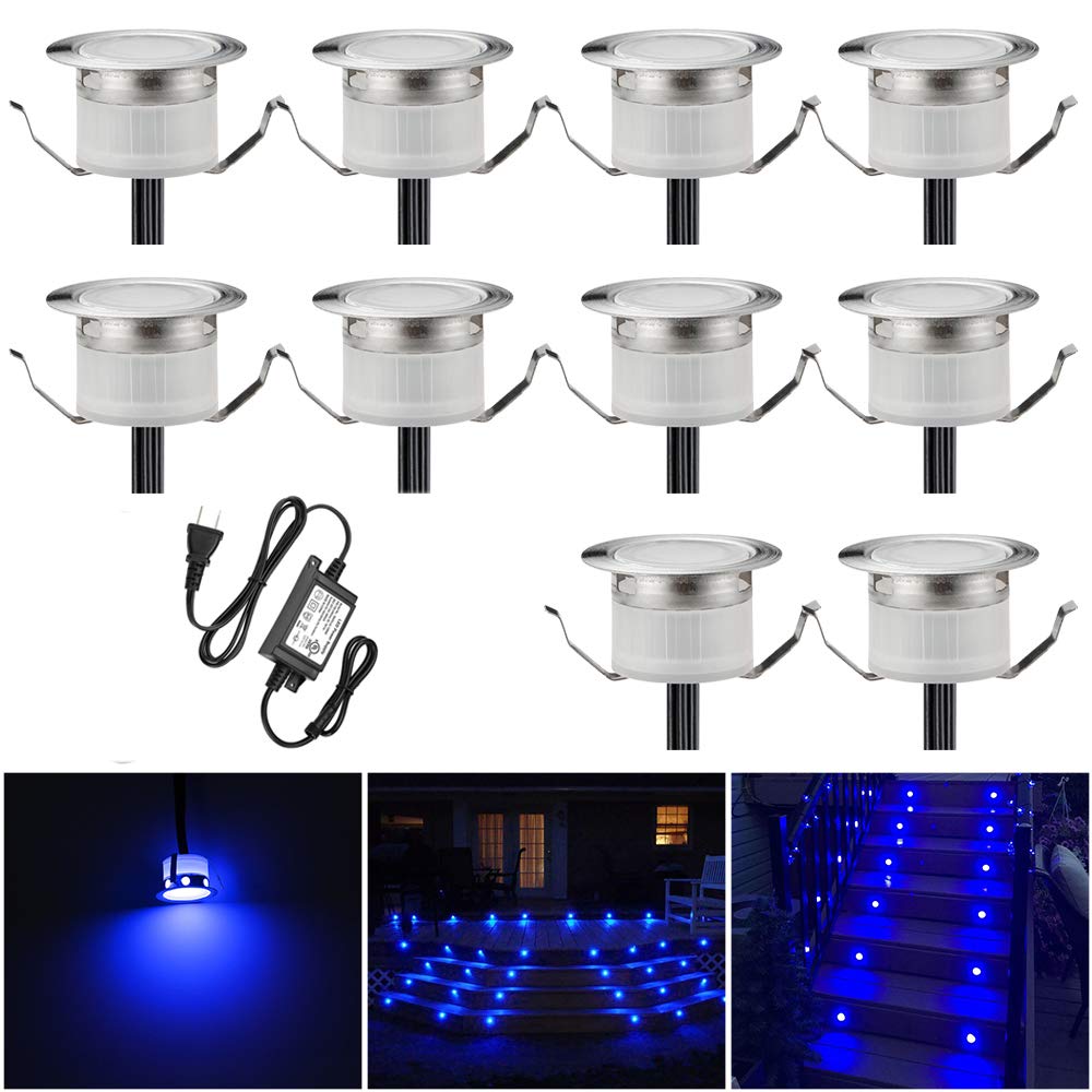 LED Deck Lights Kit, Low Voltage 10 pcs Waterproof IP67 Φ1.22 Recessed Deck Lamp Blue LED In-ground Lighting Outdoor Garden Yard Pathway Patio Step Stairs Landscape Decor Lamps