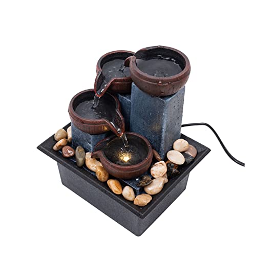 Indoor 4-Tier Relaxation Tabletop Fountain Waterfall Function,with Warm Color LED Lights and 3-Level Adjustable Water Pump for Home and Office Decoration Brown