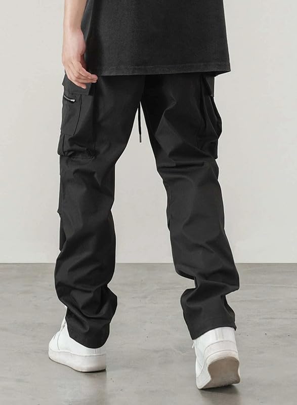 JMIERR Men Casual Cargo Pants Elastic Waist Drawstring Tactical Pant Lightwight Hiking Joggers Pants Loose Fit with Multi Pockets, US 34(M), 1 Black