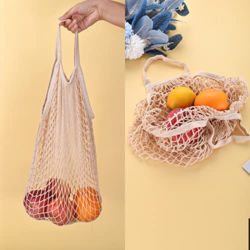 Eslazoer [2 pack] completely Cotton string storage shopping bags, Ecology Reusable and washable mesh grocery bag, Portable short handle net tote beige