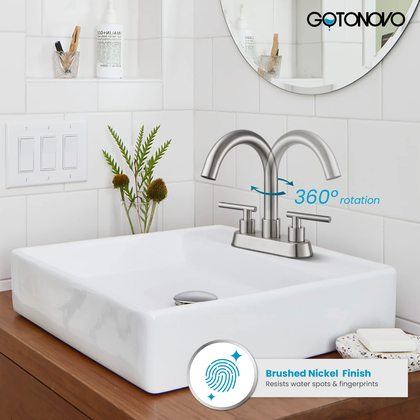 gotonovo 4 Inch Centerset Modern Bathroom Sink Faucet 2 Hole Brushed Nickel Swivel Spout 2-Handle Deck Mounted Lavatory Faucet with Water Supply Lines and Pop Up Drain