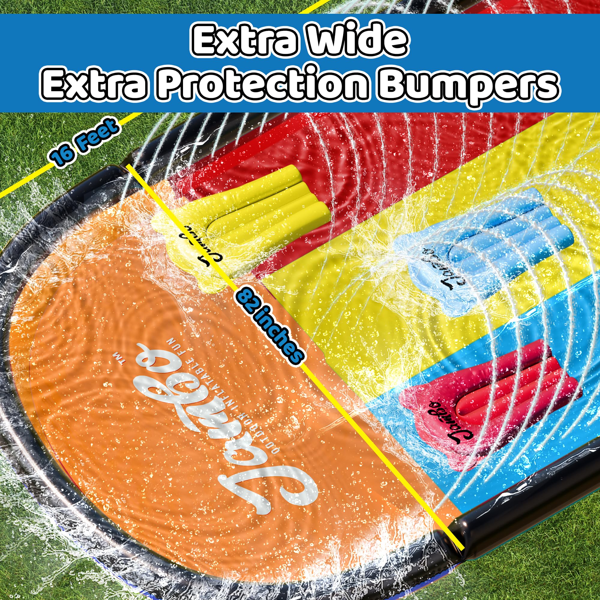 JAMBO 16Ft Premium 3 Lane Slip Splash and Slide with Bodyboards, Heavy Duty Water Slide- Advanced 3-Way Sprinkler System, Splash Mat Splash Pad Backyard Waterslide Outdoor Water Toys n Slides for Kids