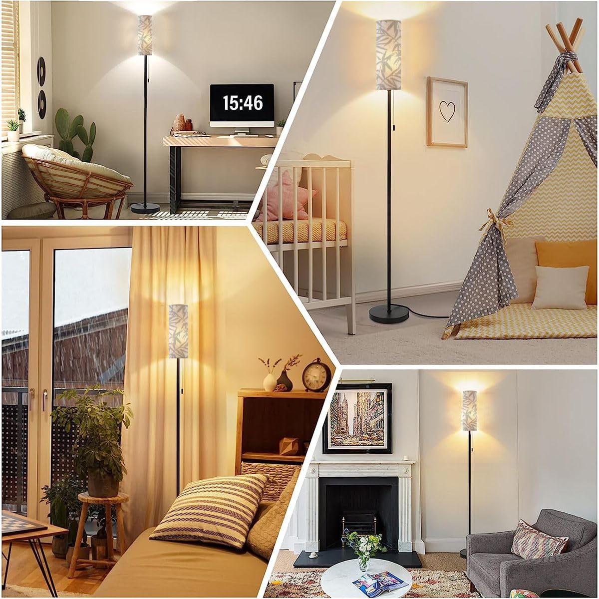 Boho Standing Lamps Bamboo tree silhouette pattern white japanese style black Minimalist Floor Lamp Metal Pole Lamp with Linen Lampshade for Bedroom Living Room Office Nursery Reading Foot Switch